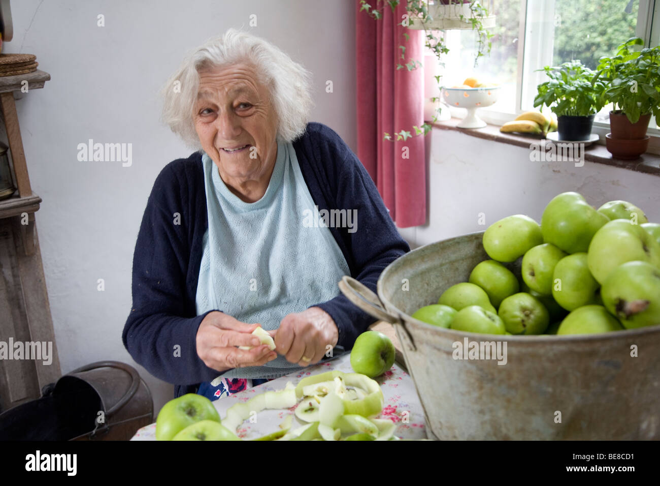 Woman in kitchen peeling bowl of cooking apples Stock Photo - Alamy