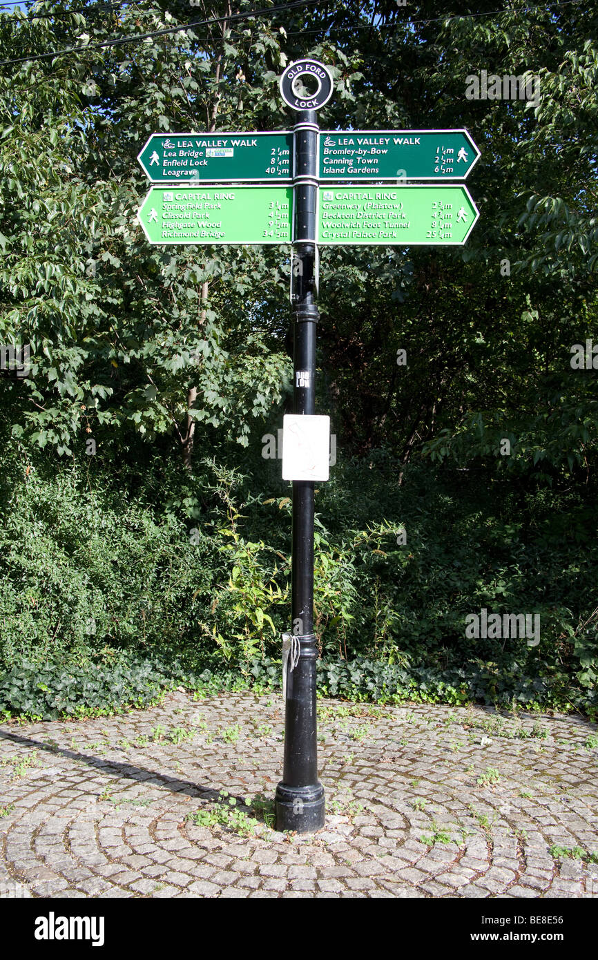 Signpost at the Old Ford Lock, River Lee Stratford, London, England ...