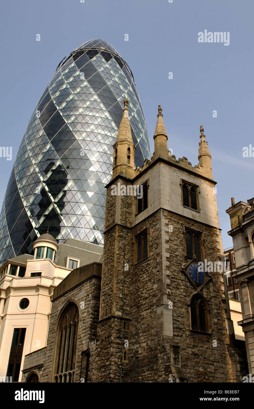 St Andrew Undershaft Church and the Gherkin, London, England, UK Stock ...