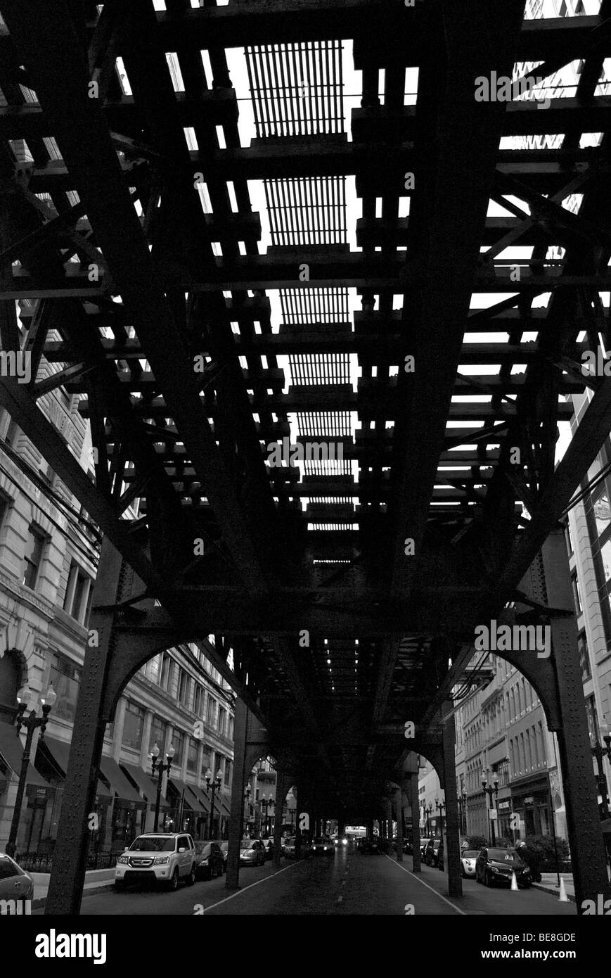 The Elevated tracks of the famous 'Loop' metro line create a metal ...