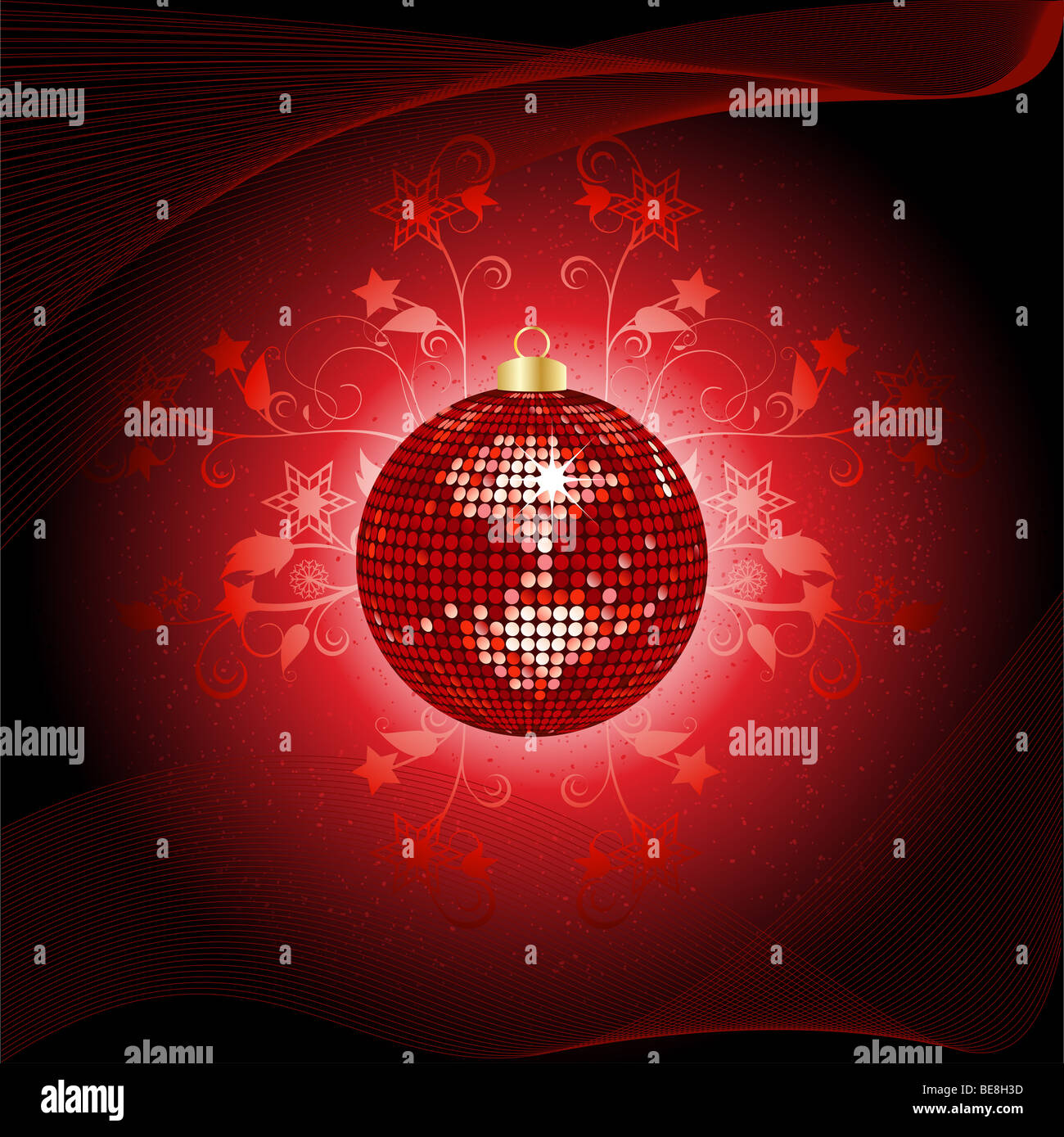 sparkling red bauble on a glowing floral background with delicate waves ...