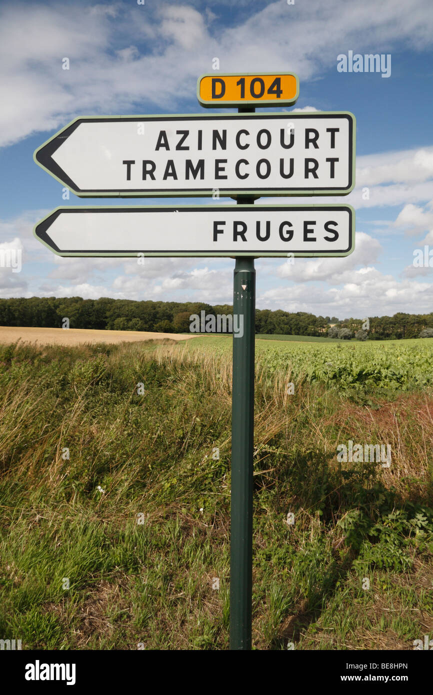 Road sign pointing towards Azincourt (Agincourt), site of the Battle of ...