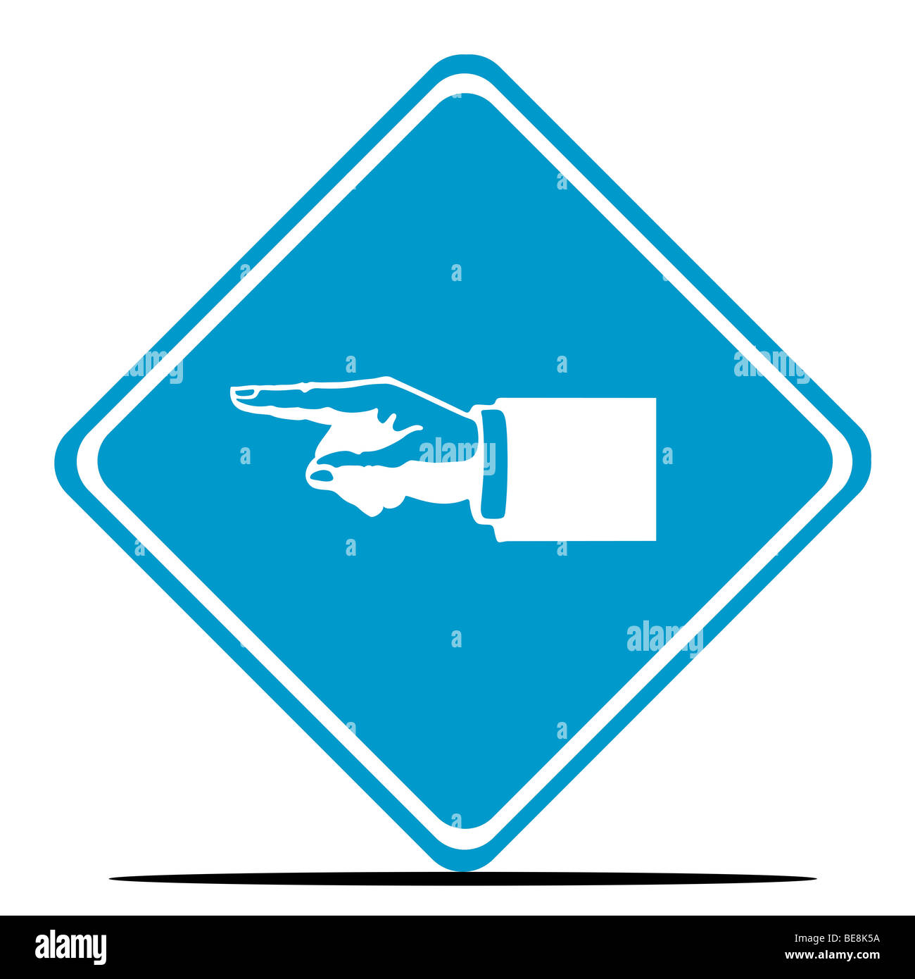 Pointing businessman hand diamond shaped road sign isolated on white ...