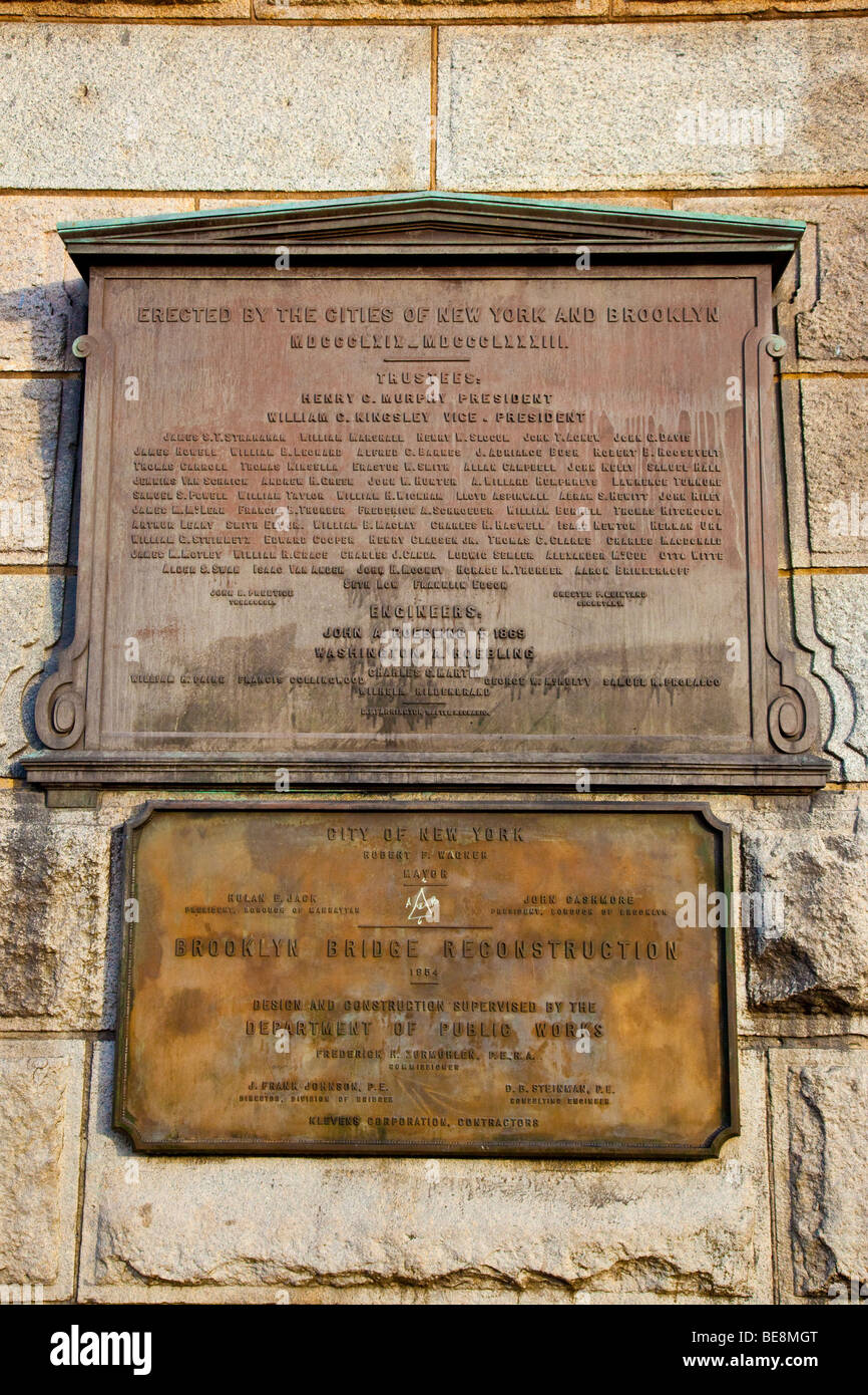 Plaque on the Brooklyn Bridge in New York City Stock Photo - Alamy
