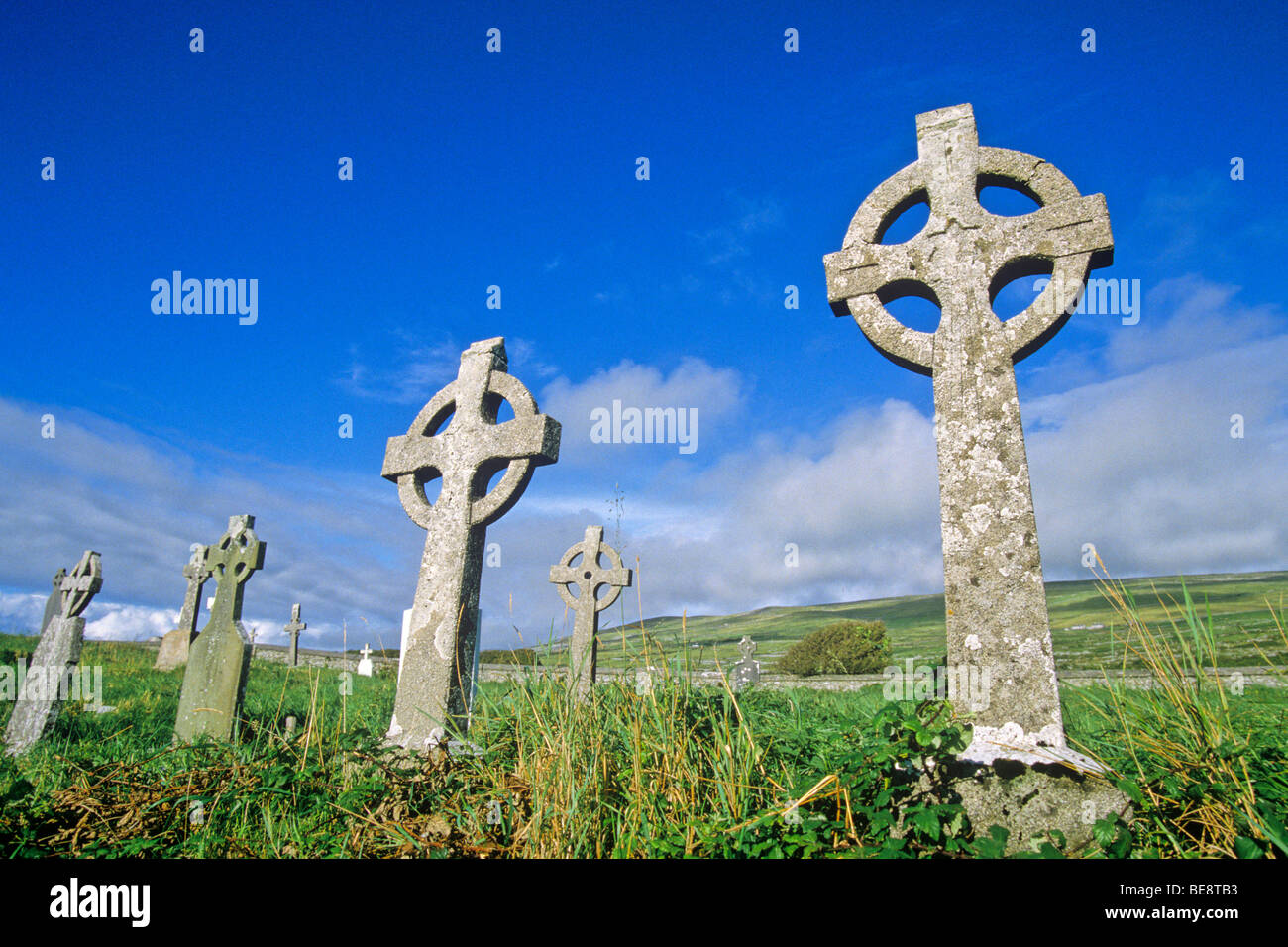 Celtic crosses in cemetery at ruined church near Fanore in County Clare ...