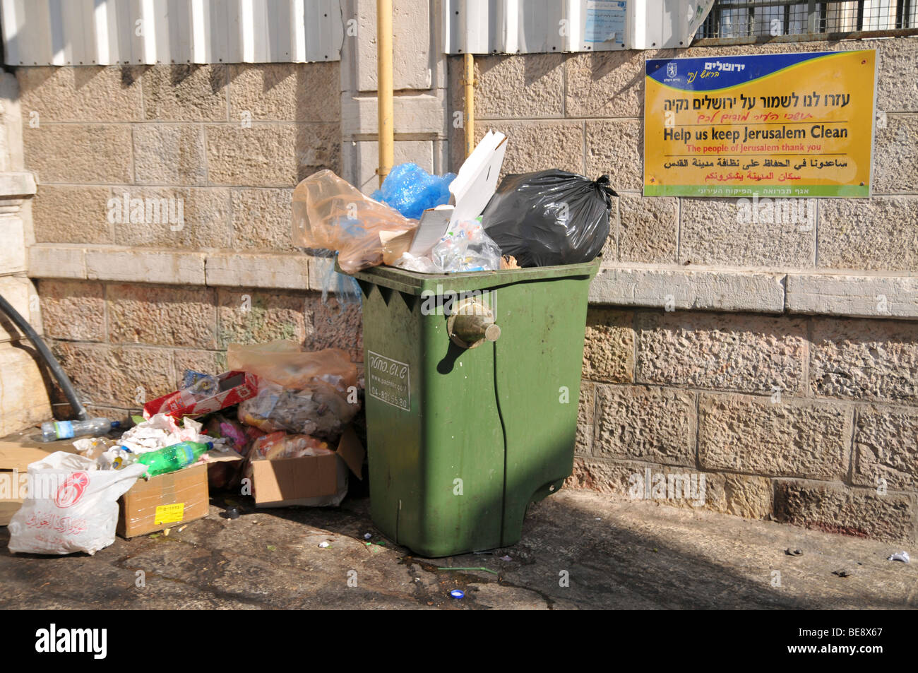 Israel, Jerusalem, Garbage piling up in the street during a municipal ...