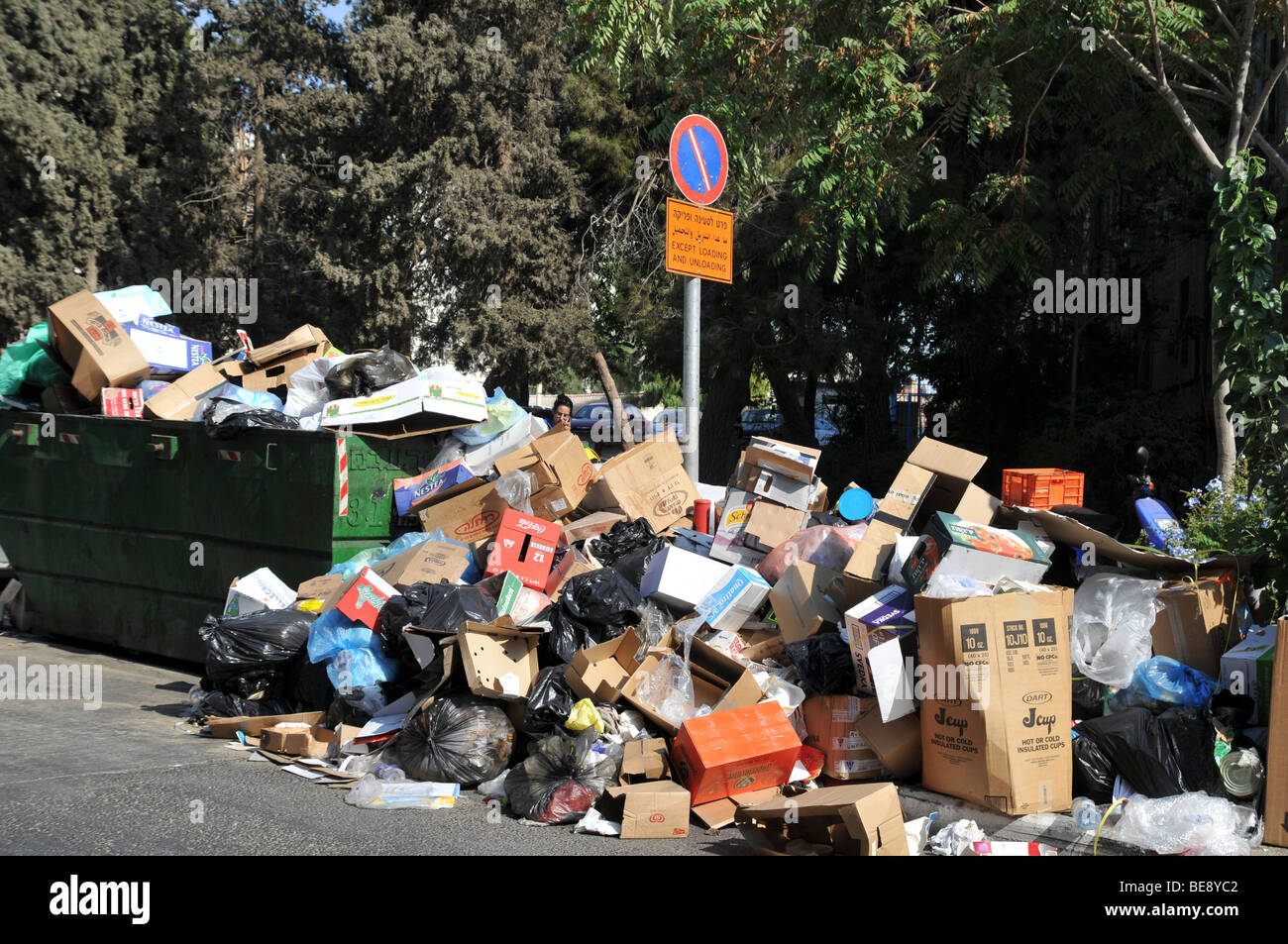 Israel, Jerusalem, Garbage piling up in the street during a municipal ...
