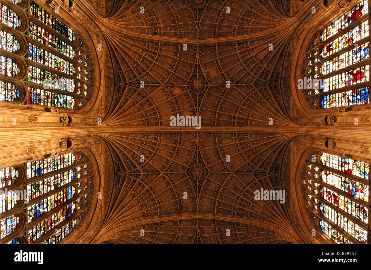 Gothic fan vaulting and stained glass windows in King's College Chapel ...