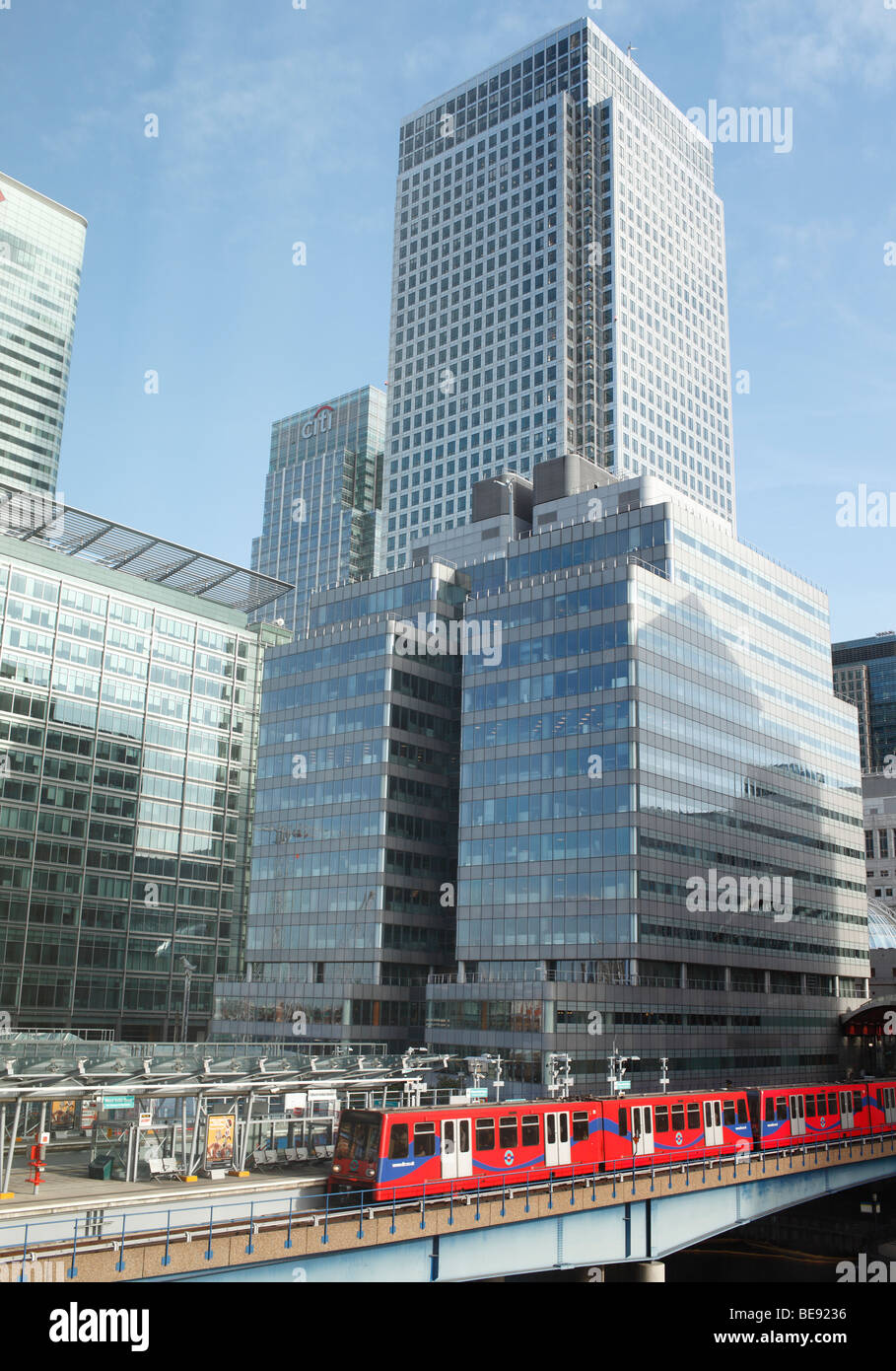 Elevated high-rise building, financial district, Canary Wharf, London ...