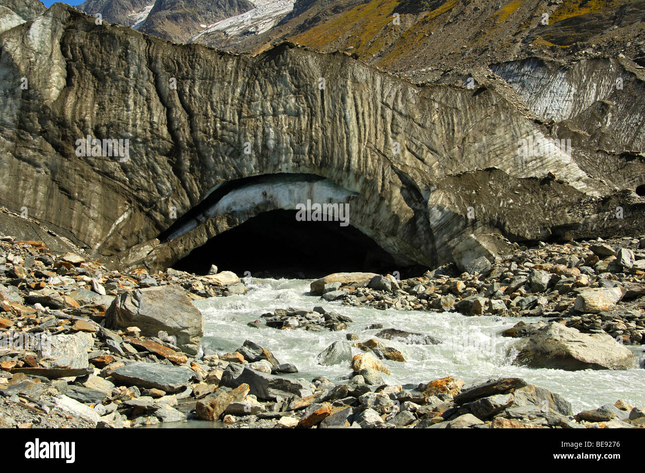 Glacier snout of the Langgletscher glacier with the Lonza river as ...