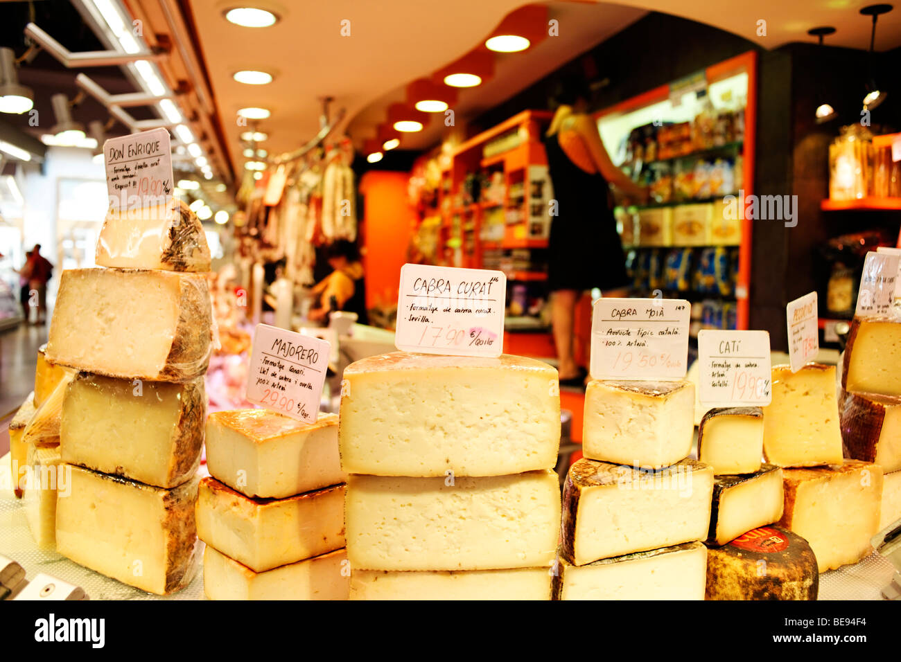 Selection of spanish cheeses in Mercat Santa Caterina market in Barri ...