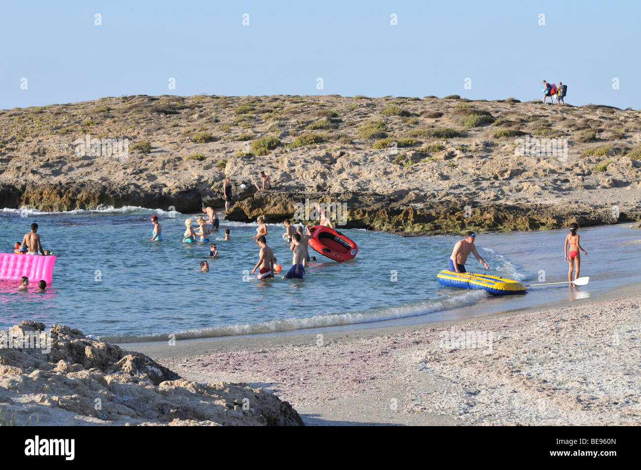 Israel, Coastal plains, Habonim Beach, Israeli vacationers on the sea ...