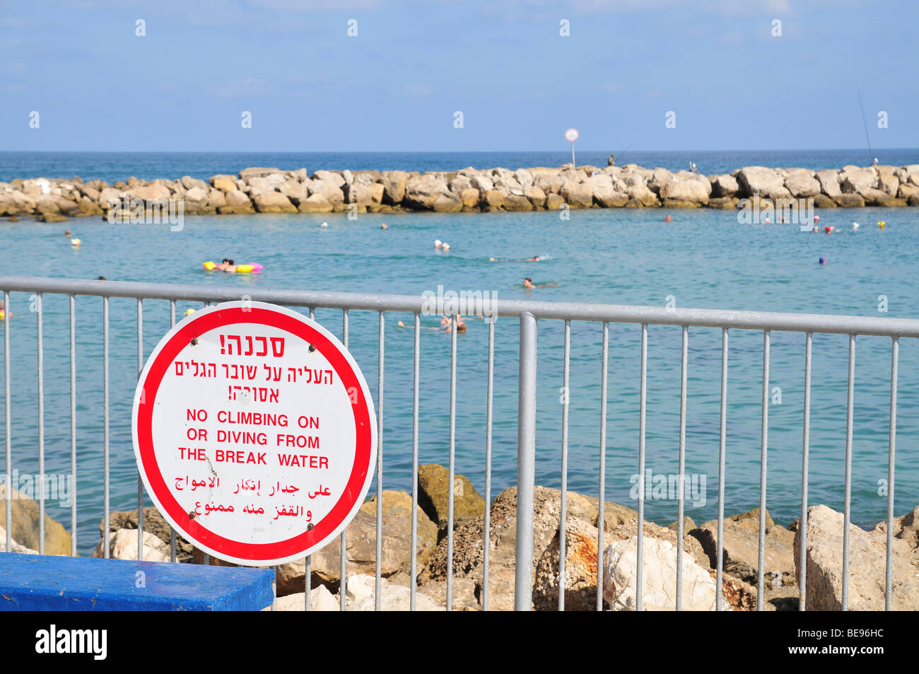 Israel, Haifa, Beach, a warning sign No Climbing On Or Diving Off The ...