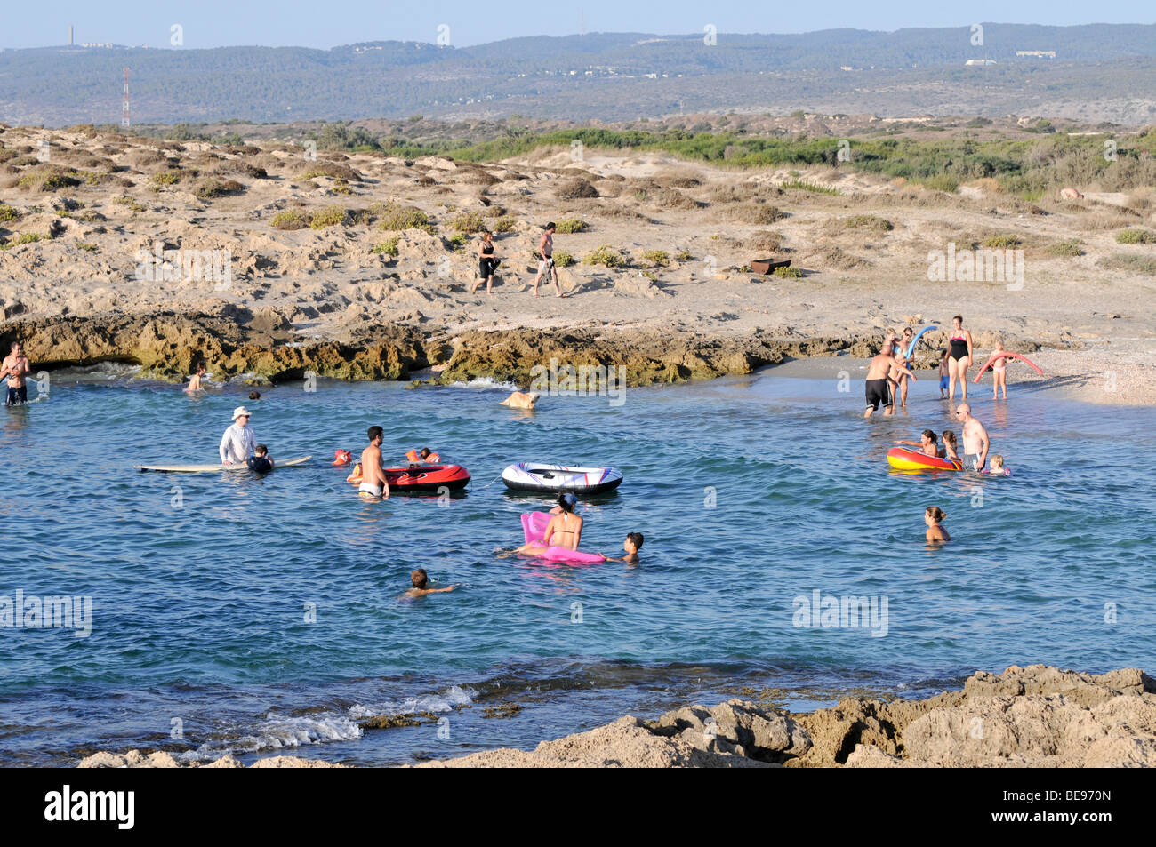 Israel, Coastal plains, Habonim Beach, Israeli vacationers on the sea ...