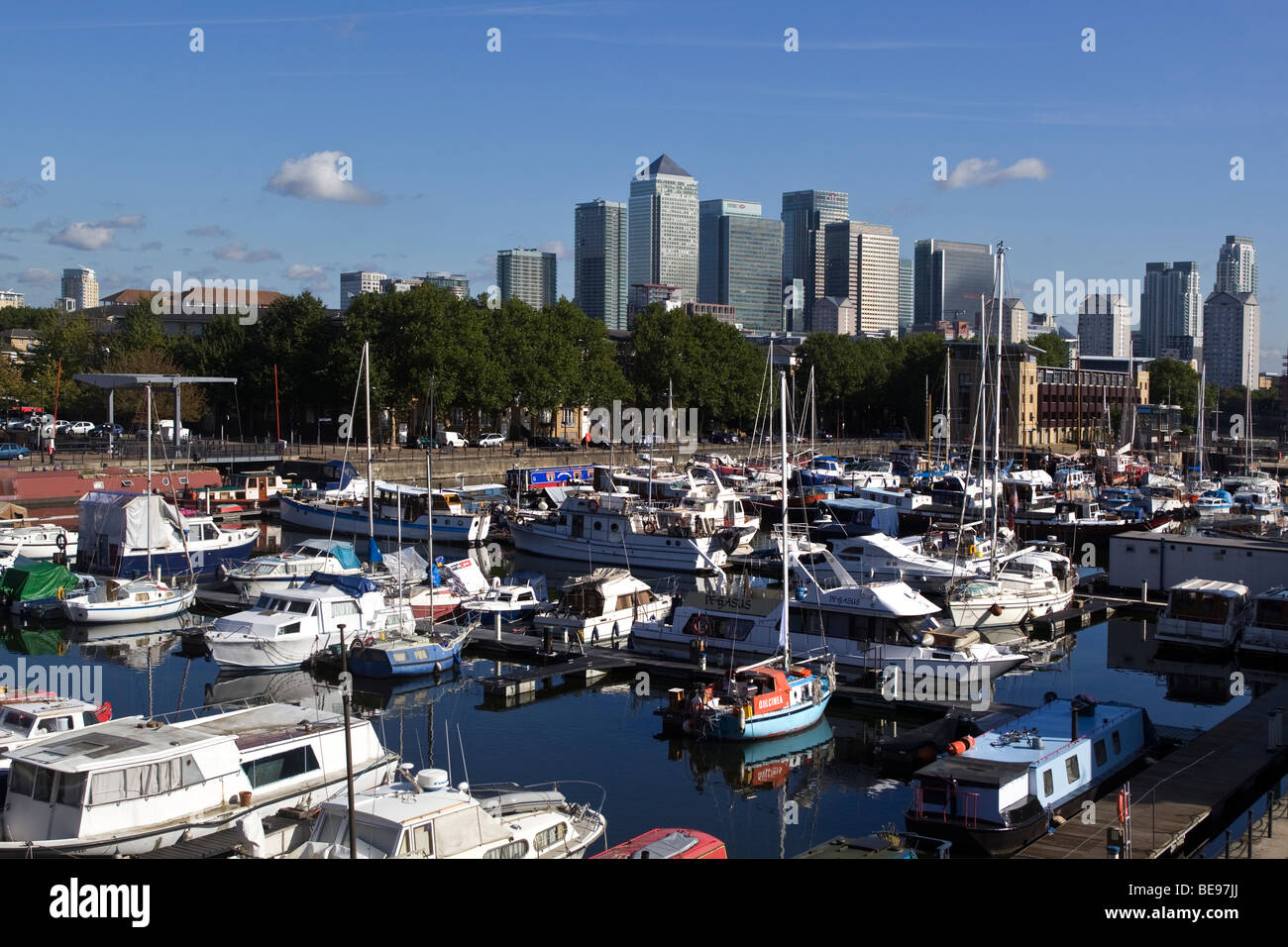 South Dock Marina with view to Canary Wharf and Docklands London Stock ...