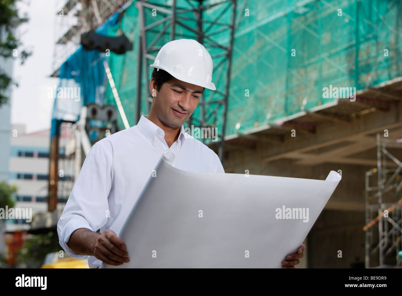 Man with helmet, looking at plans Stock Photo - Alamy