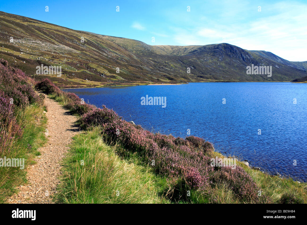 View of Loch Callater and path by the shore, Aberdeenshire, Scotland ...