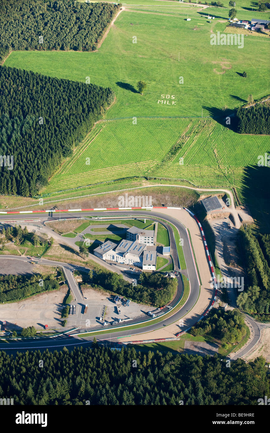 Aerial view : SOS Milk in fields along Francorchamps Circuit Stock ...