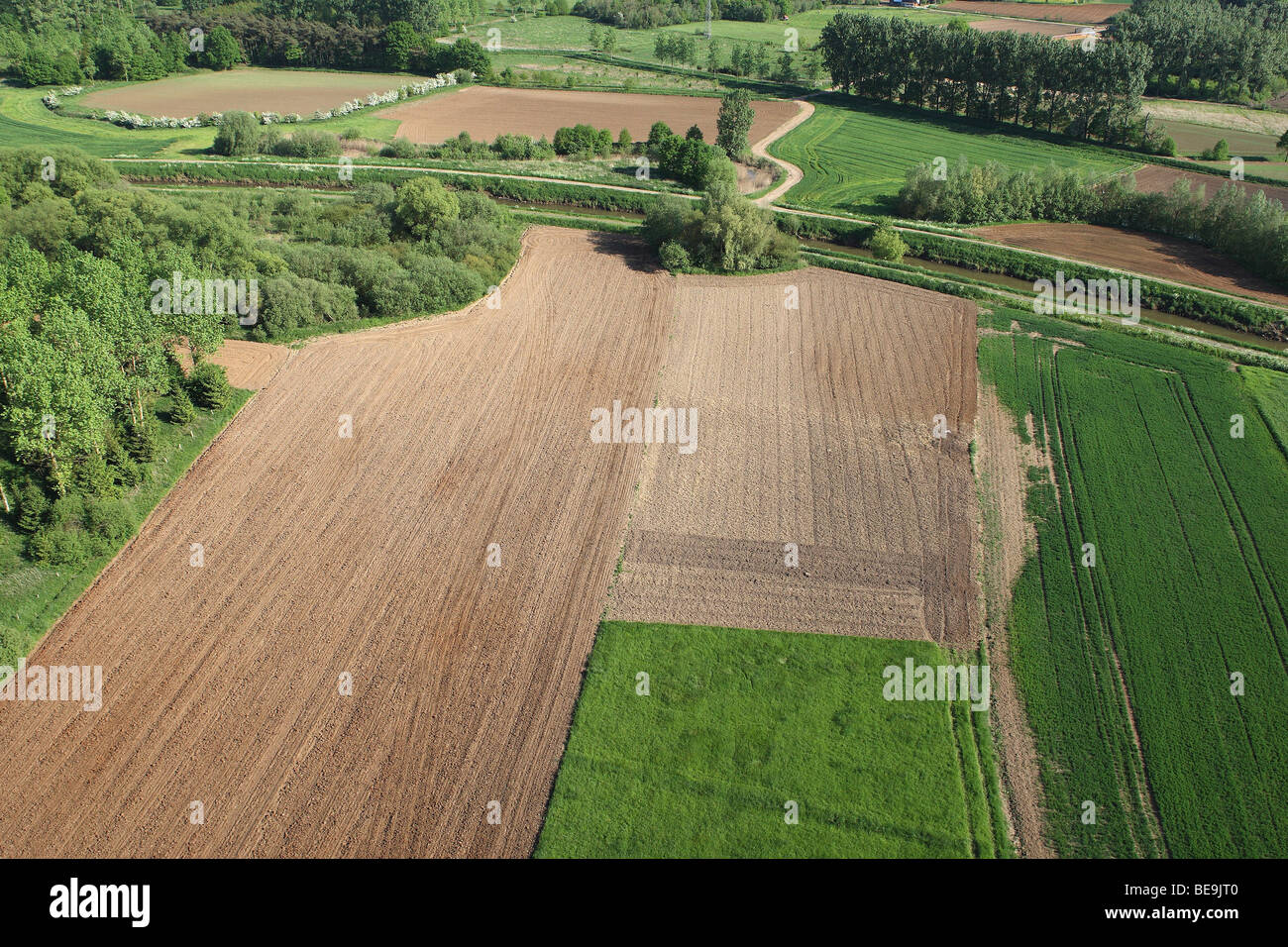 Fields, grasslands and forested area along river Demer, valley of Demer ...