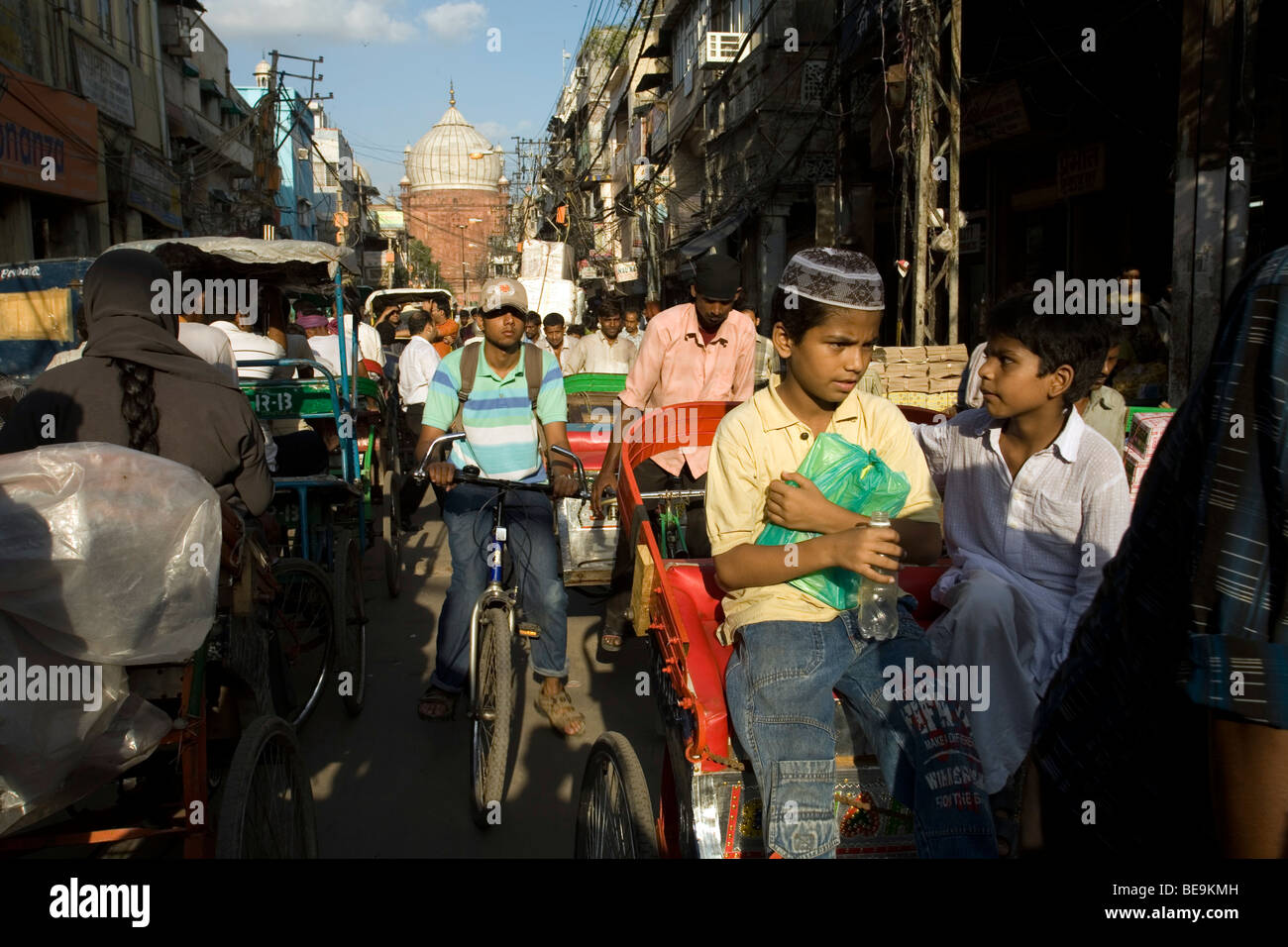 Heavy traffic on the congested streets of Old Delhi looking towards the ...