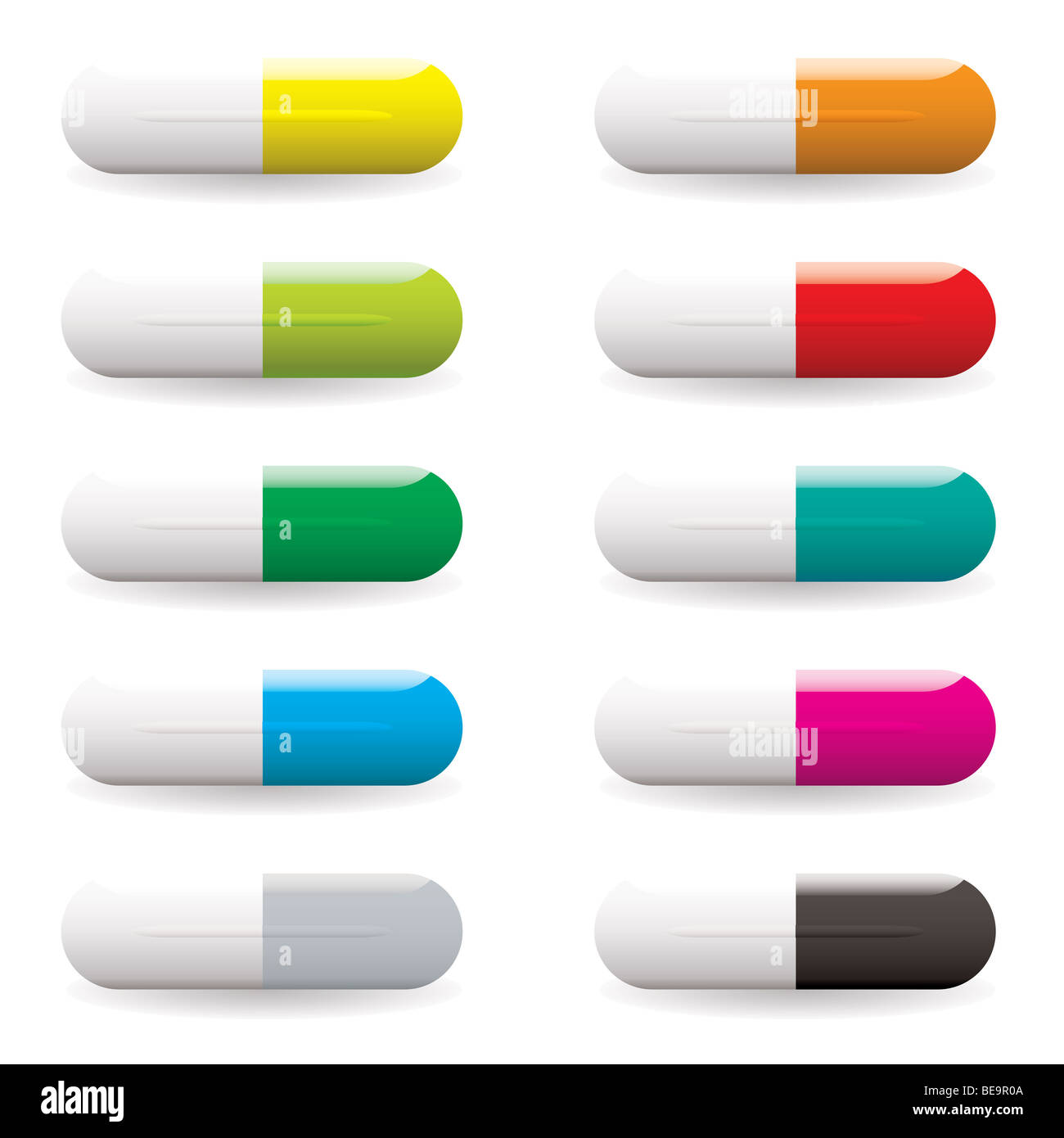 Collection of ten multi coloured medical pills with drop shadow Stock ...