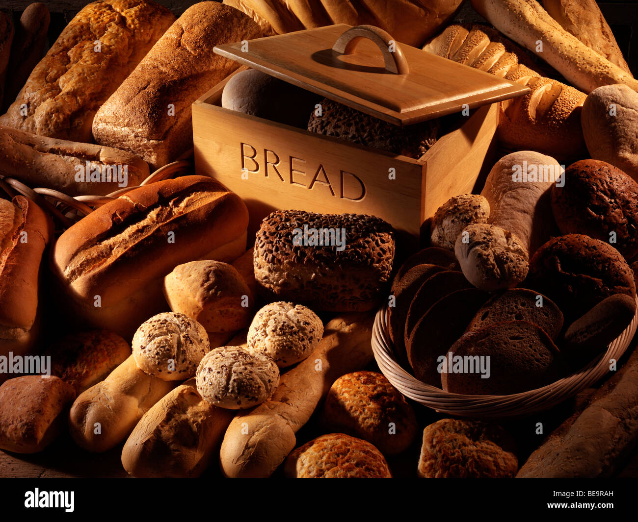 WOODEN BREAD BOX WITH BREAD SELECTION Stock Photo - Alamy