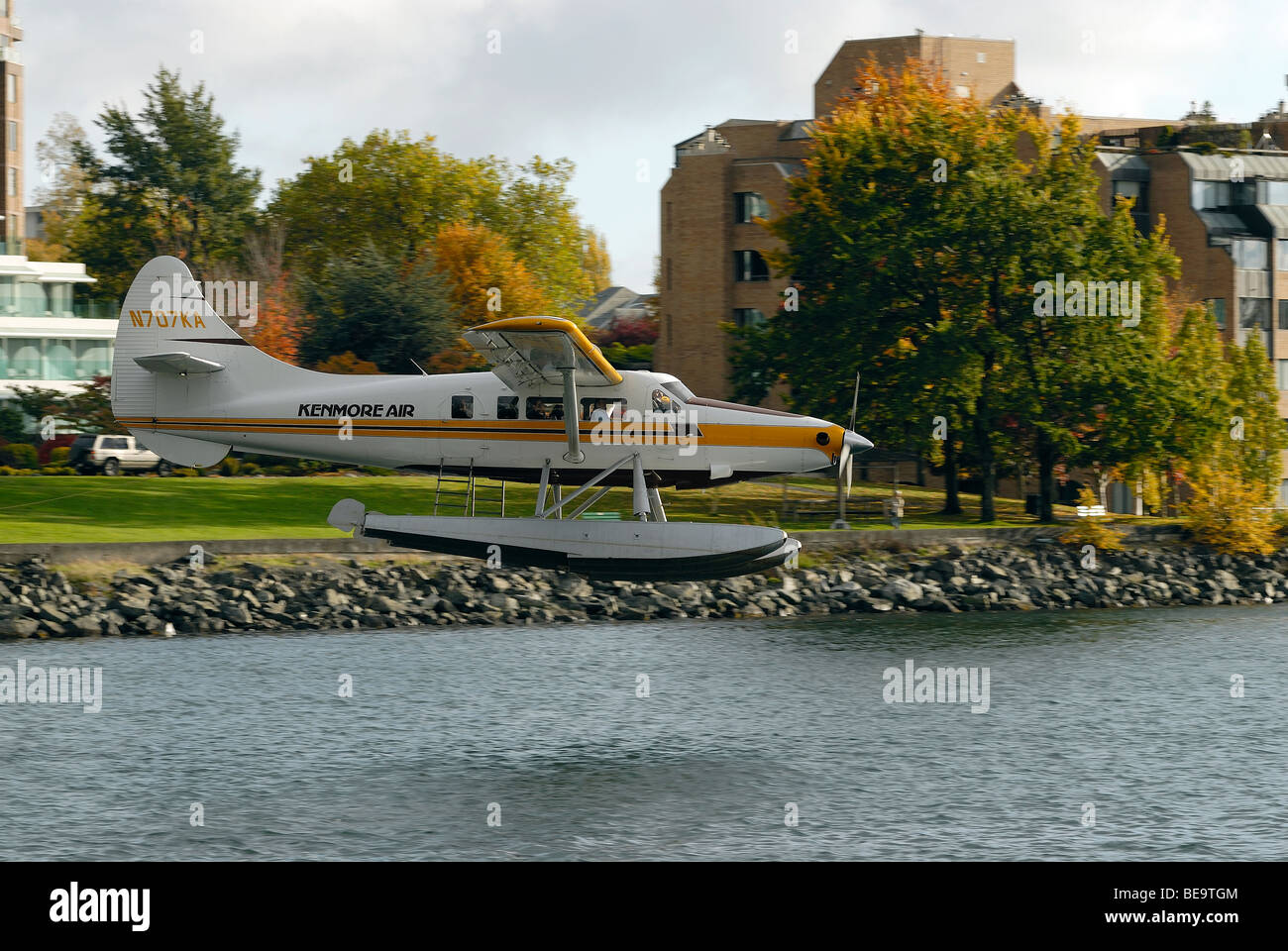Seaplane also known as hydroplane landing in victoria city harbor hi ...