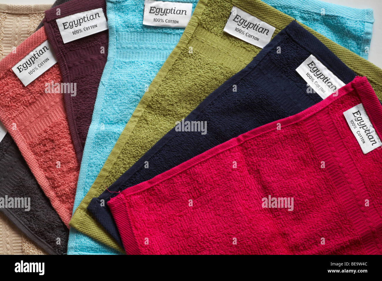 fan of different coloured flannels with Egyptian 100% cotton labels ...