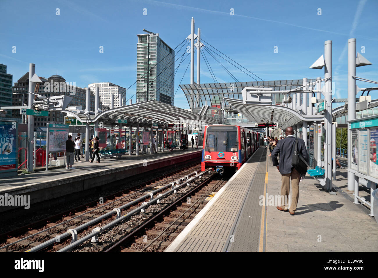 A Docklands Light Railway (DLR) train pulls into Poplar Station close ...