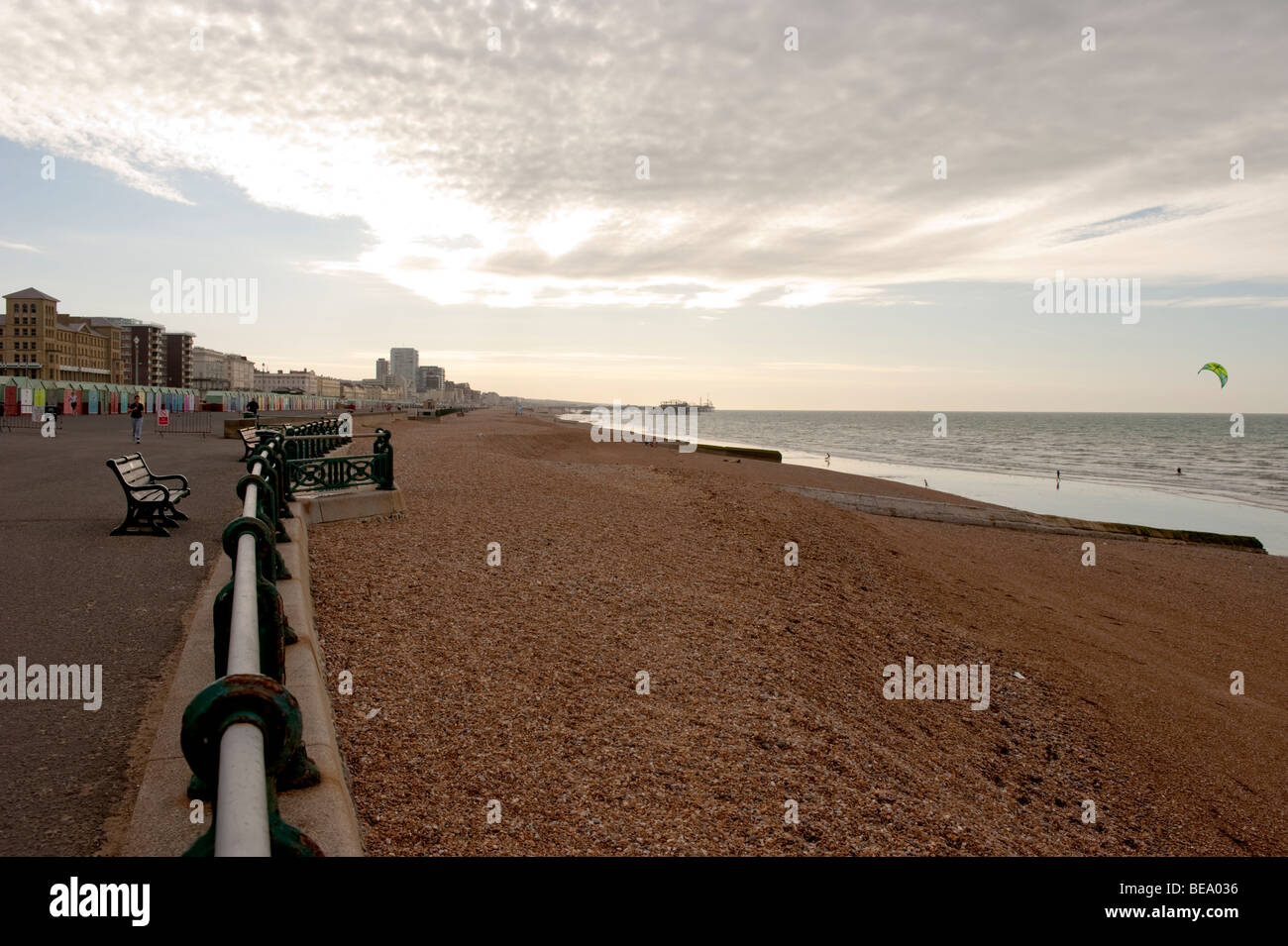 View along the railings, promenade and beach on brighton sea front ...