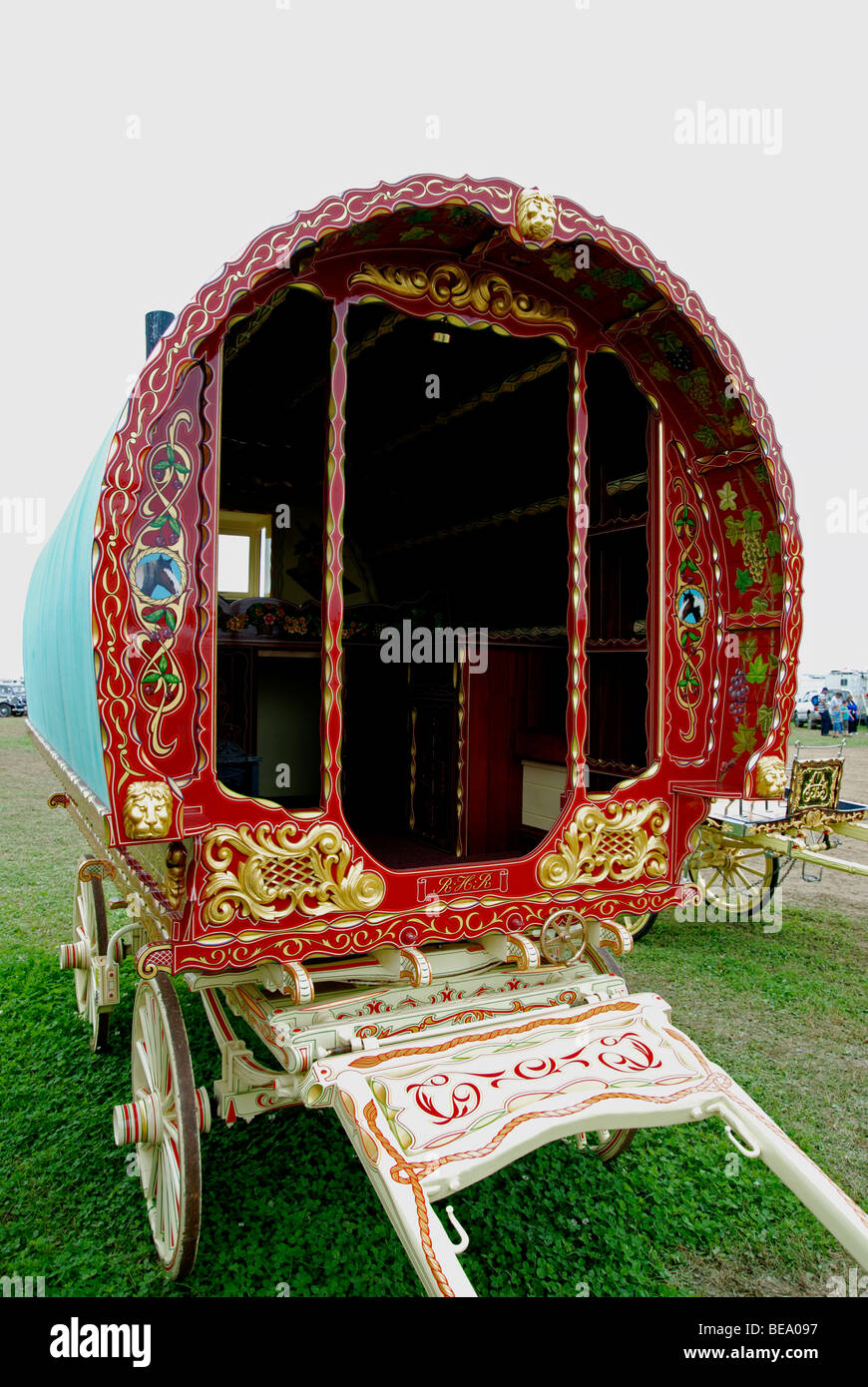 a traditionally decorated gypsy caravan at a fairground in cornwall,uk ...