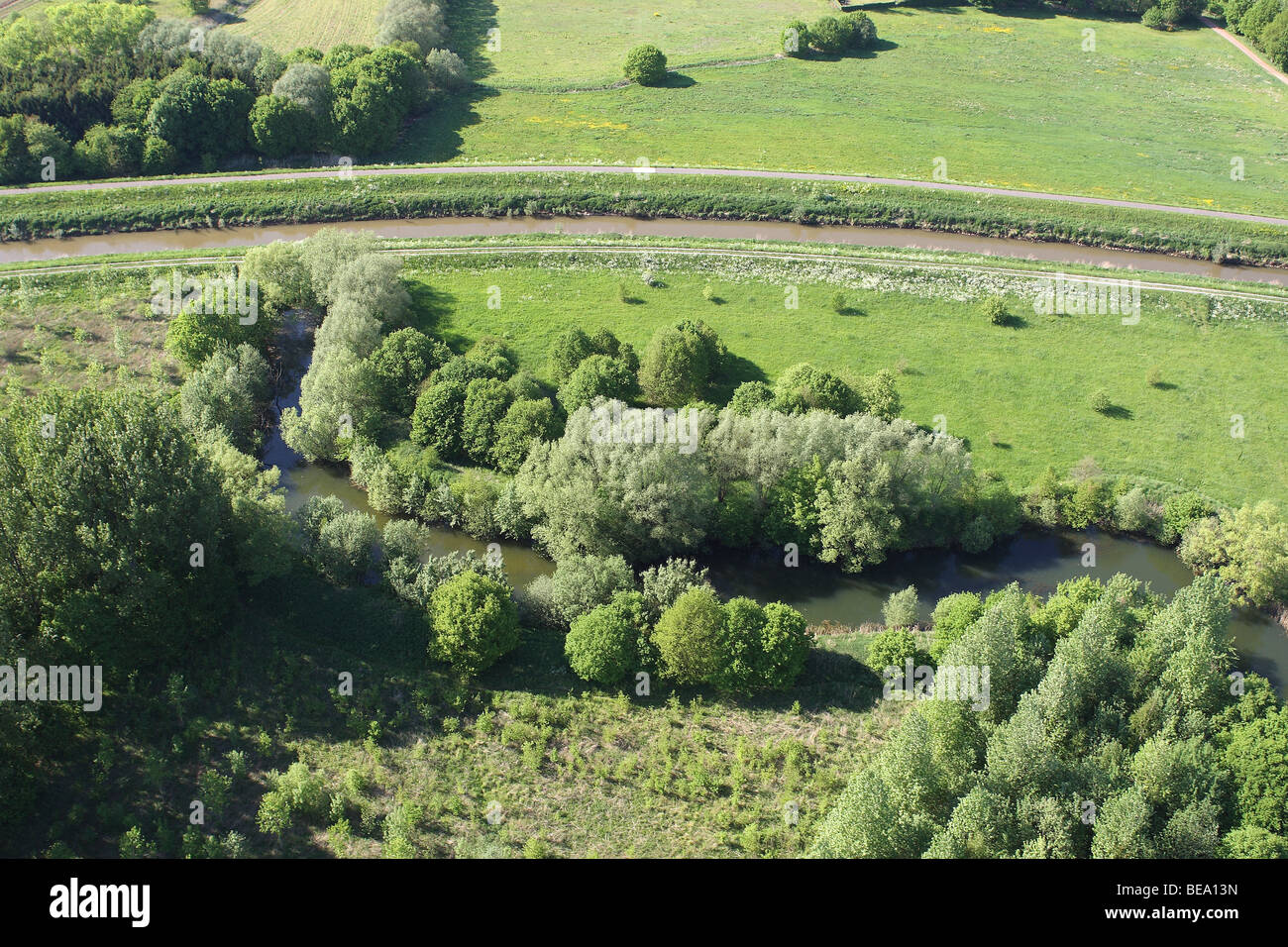 Grasslands and forested area along river Demer, valley of Demer ...