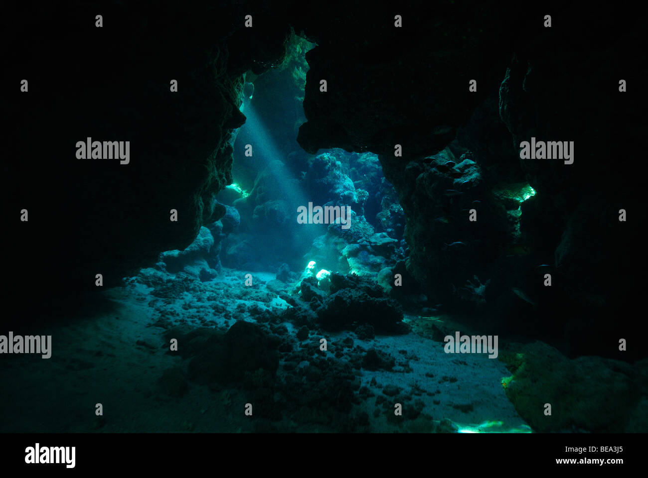 Rays of light stream inside an underwater cave, Red Sea Stock Photo - Alamy