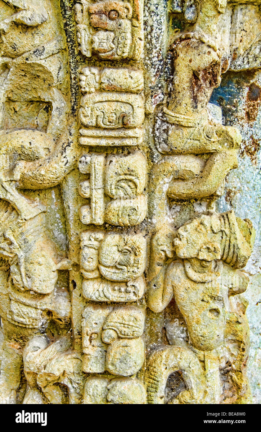 Close up of the old mask ruins at famous Mayan temples of Copan ...