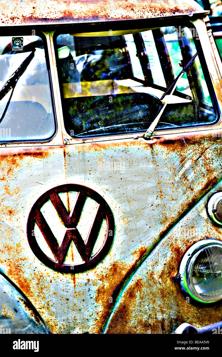 Close up detail of the front of a rusty old volkswagen camper van in ...