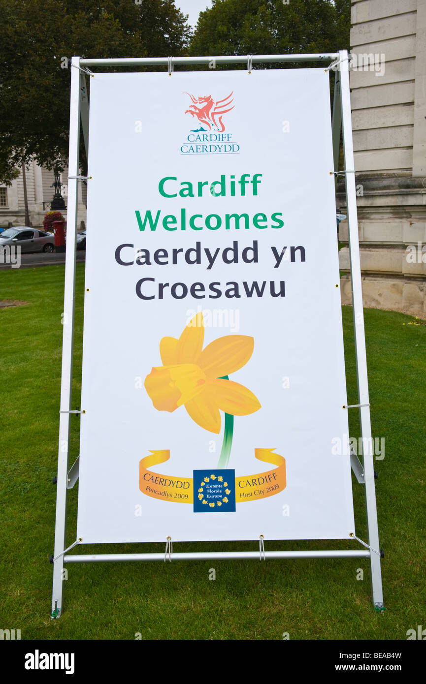 Bilingual English Welsh language Floral Europe sign in Cardiff South ...