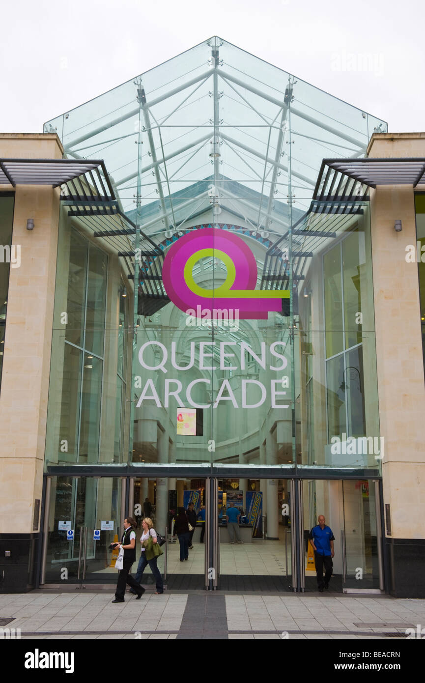 Exterior of Queens Arcade atrium in city centre of Cardiff South Wales ...