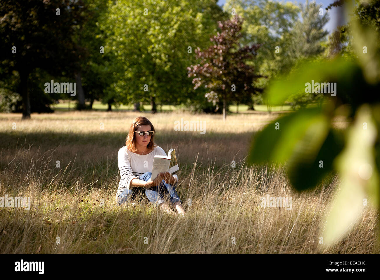 Girl reading outside in the park Stock Photo - Alamy