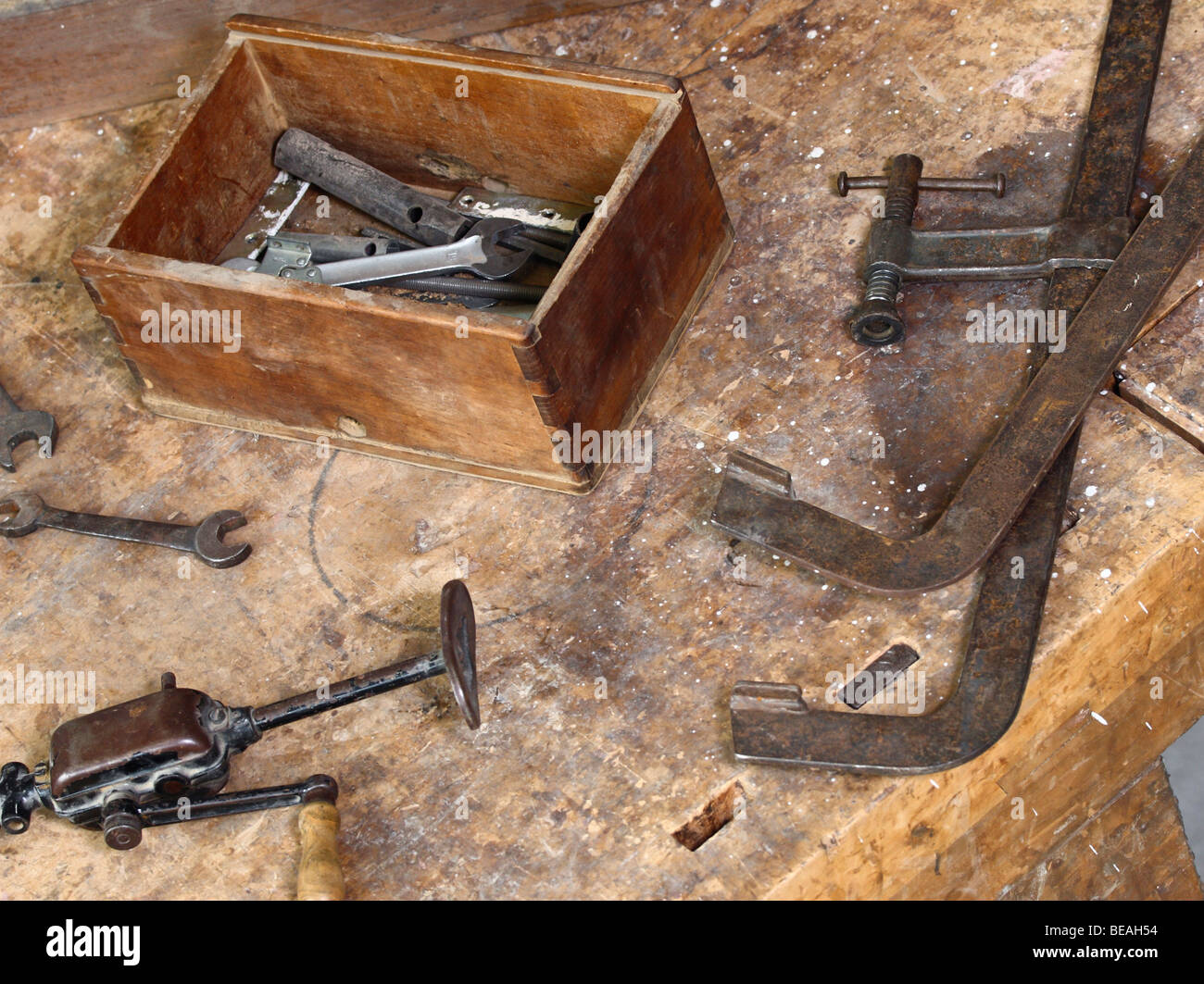 image of classic vintage old carpenter tools on work wood table Stock ...