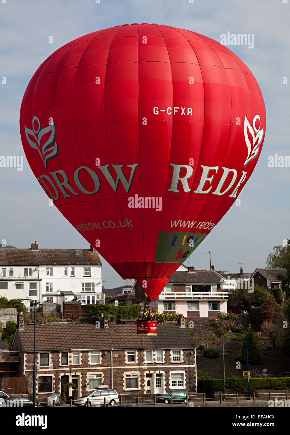 Redrow hot air balloon in front of houses Abergavenny Wales UK Stock ...