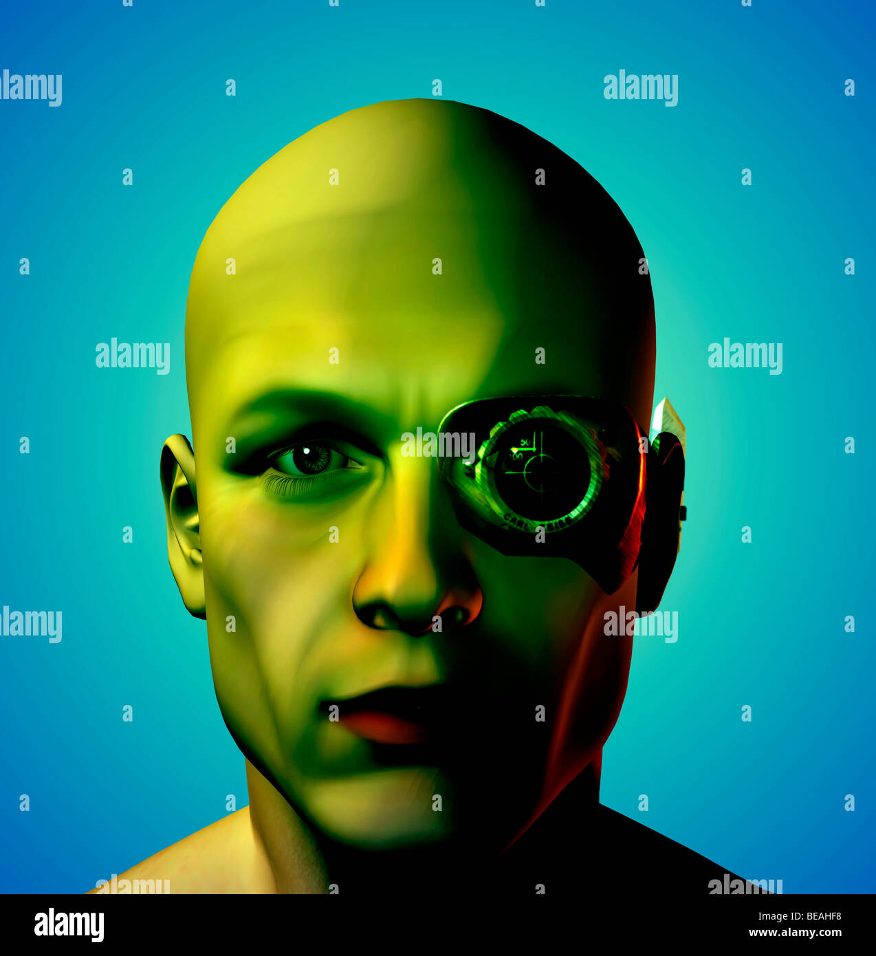 3D computer generated male robot with bionic headset Stock Photo - Alamy