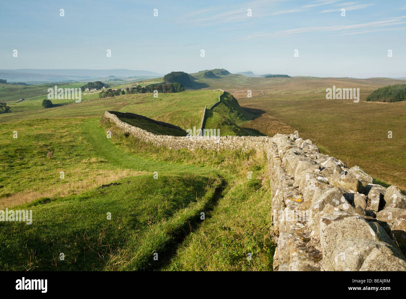 Dawn view along Hadrian's Wall looking towards Housesteads Fort, Uk ...
