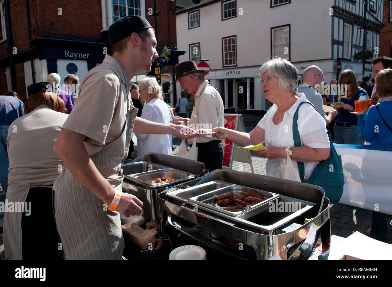 Sausage tasting at Ludlow Food Festival Shropshire Stock Photo - Alamy