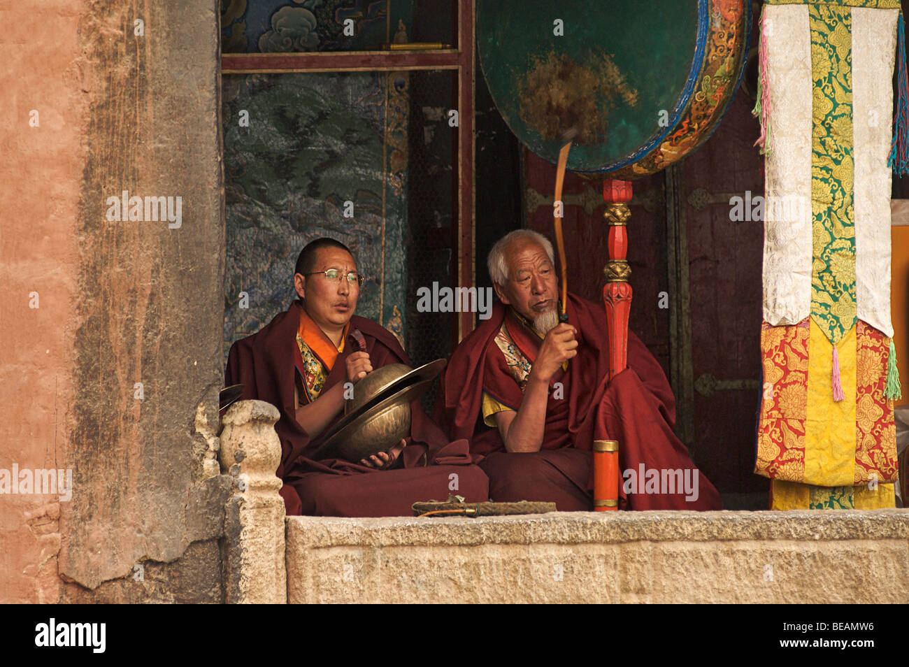Tibetan monks playing musical instruments. Shoton festival celebrations ...