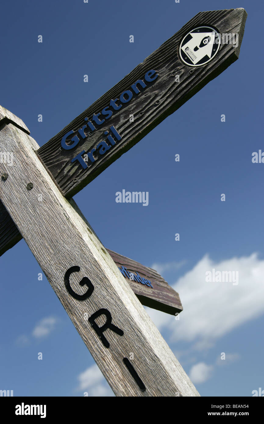 Angled close up view of a Gritstone Trail direction sign near Sponds ...