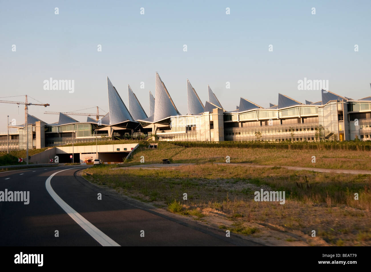 Building with modern pointed roof architecture in Antwerp Belgium Stock ...