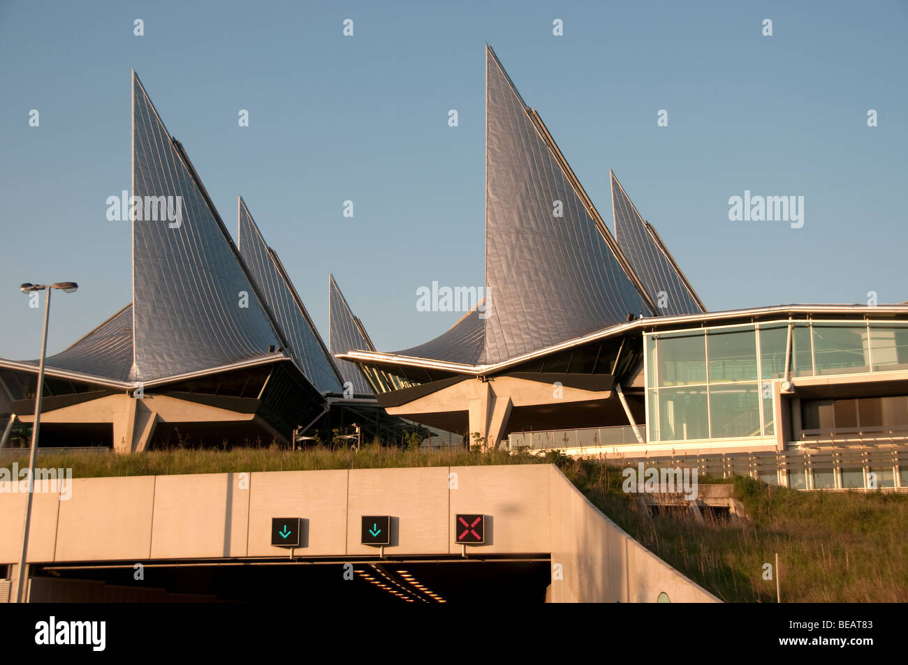 Building with modern pointed roof architecture in Antwerp Belgium Stock ...