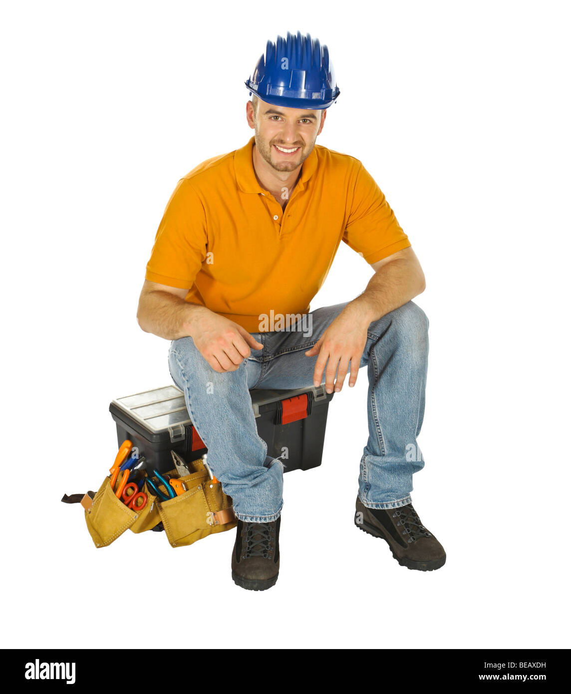 young caucasian mantool isolated on white rest on toolbox Stock Photo ...