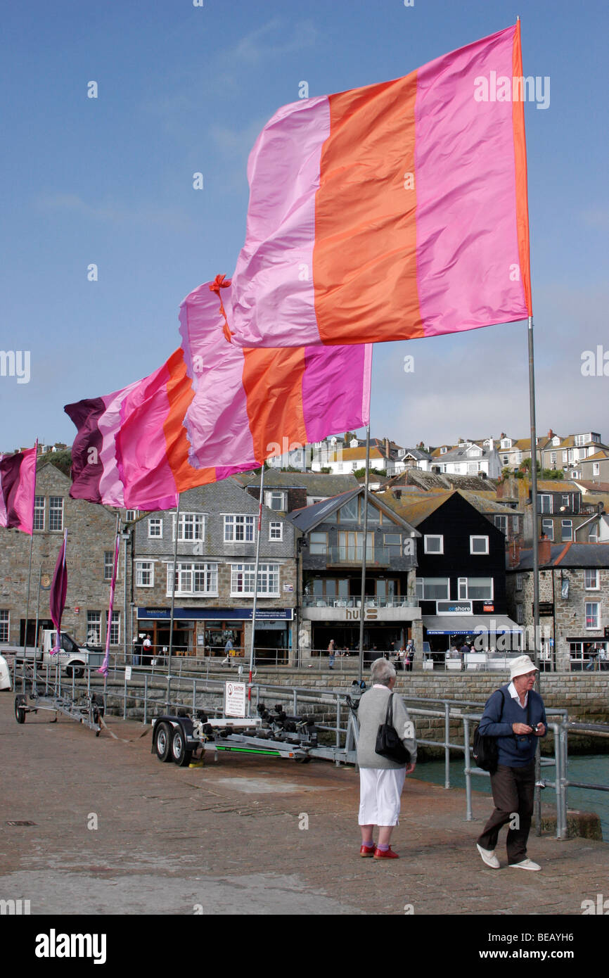 Flags flying by the harbour at St Ives in Cornwall to celebrate their ...