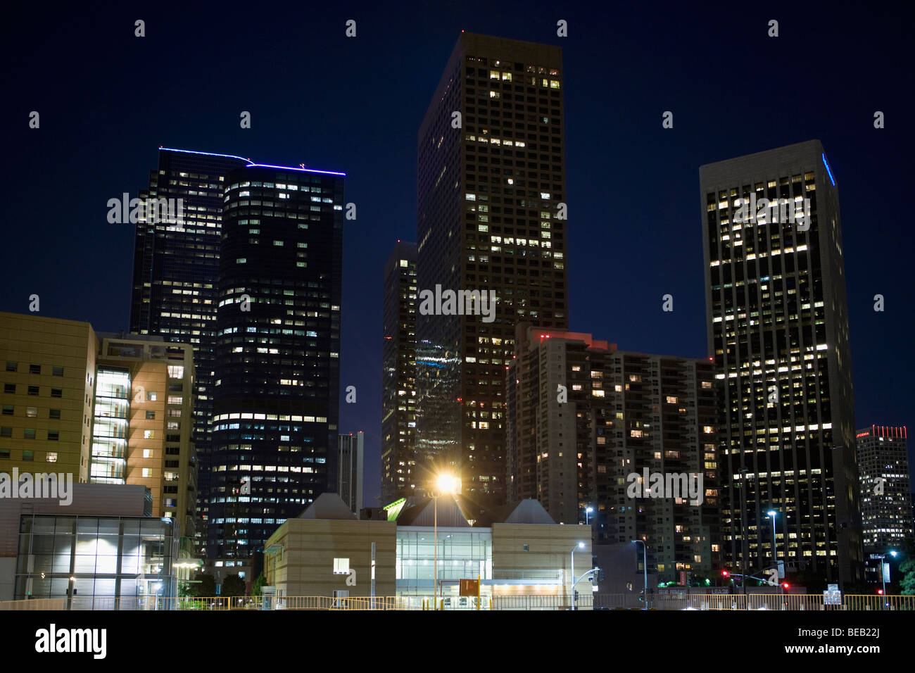 Buildings lit up at night in a city, Los Angeles, California, USA Stock ...